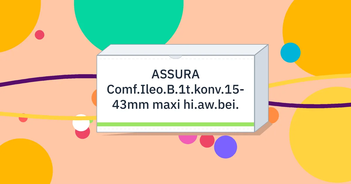 Symbolbild: Packung mit der Aufschrift ASSURA Comf.Ileo.B.1t.konv.15-43mm maxi hi.aw.bei. (PZN 01691058) – Verfügbarkeit und Bezug in Apotheken in Frankfurt am Main