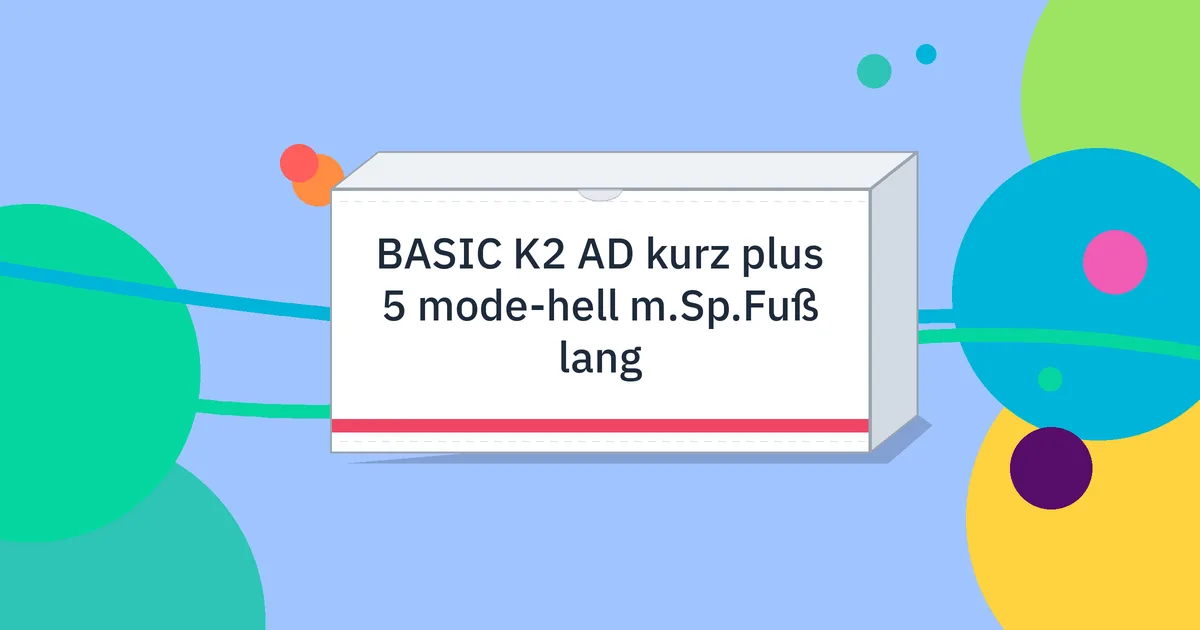 Symbolbild: Packung mit der Aufschrift BASIC K2 AD kurz plus 5 mode-hell m.Sp.Fuß lang (PZN 20265433) – Verfügbarkeit und Bezug in Apotheken in Frankfurt am Main