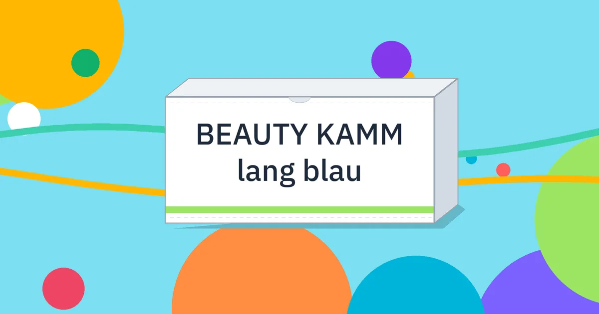 Symbolbild: Packung mit der Aufschrift BEAUTY KAMM lang blau (PZN 07738602) – Verfügbarkeit und Bezug in Apotheken in Frankfurt am Main