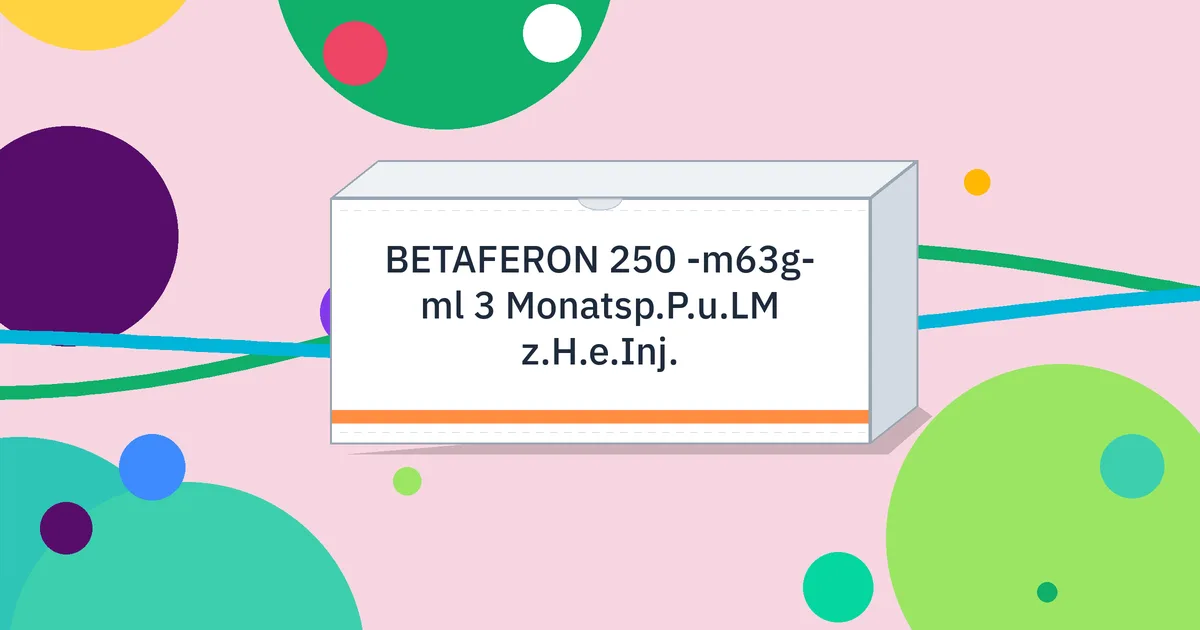 Symbolbild: Packung mit der Aufschrift BETAFERON 250 -m63g-ml 3 Monatsp.P.u.LM z.H.e.Inj. (PZN 06108075) – Verfügbarkeit und Bezug in Apotheken in Frankfurt am Main