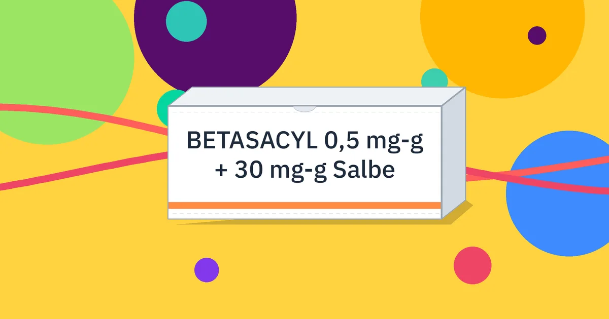 Symbolbild: Packung mit der Aufschrift BETASACYL 0,5 mg-g + 30 mg-g Salbe (PZN 18673107) – Verfügbarkeit und Bezug in Apotheken in Frankfurt am Main