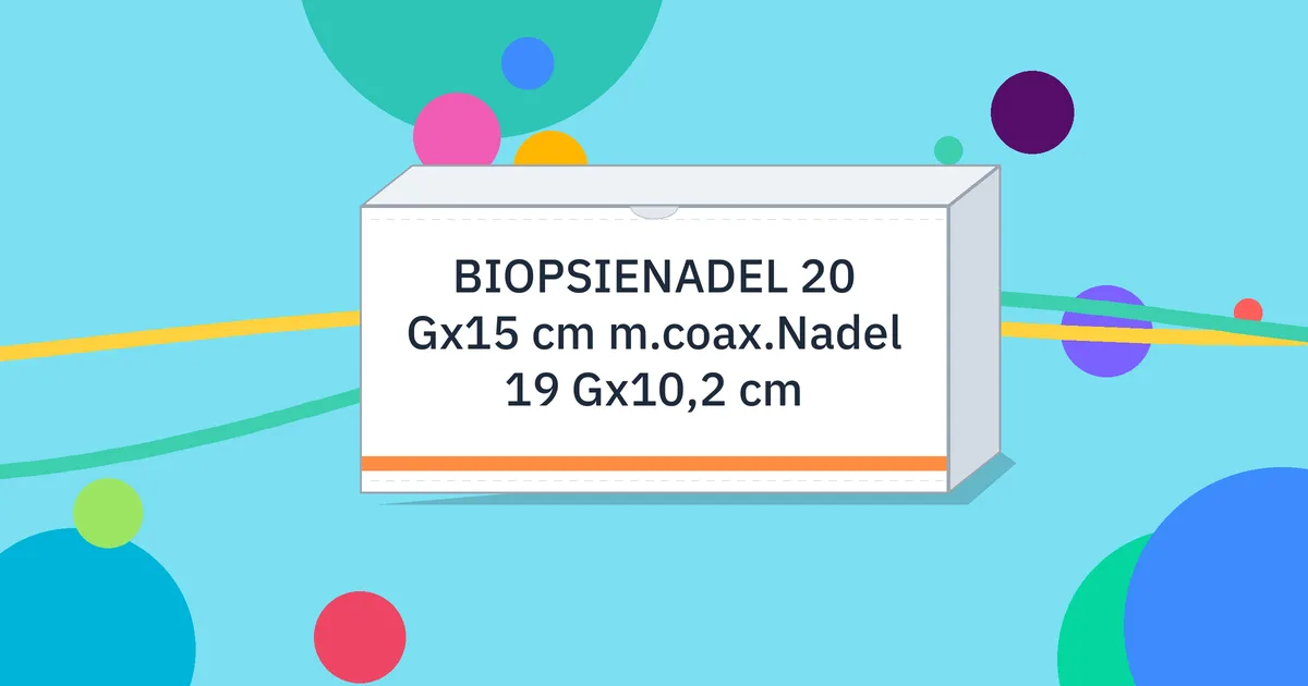 Symbolbild: Packung mit der Aufschrift BIOPSIENADEL 20 Gx15 cm m.coax.Nadel 19 Gx10,2 cm (PZN 12570949) – Verfügbarkeit und Bezug in Apotheken in Frankfurt am Main