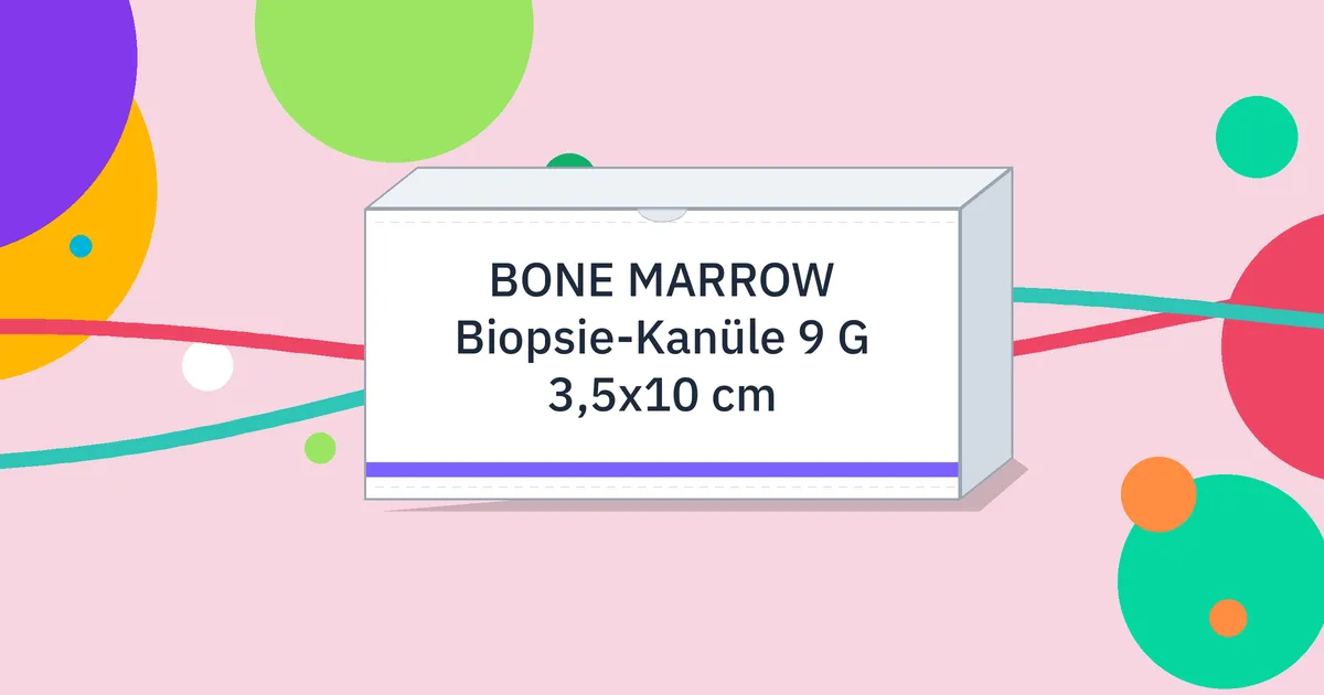 Symbolbild: Packung mit der Aufschrift BONE MARROW Biopsie-Kanüle 9 G 3,5x10 cm (PZN 20085518) – Verfügbarkeit und Bezug in Apotheken in Frankfurt am Main