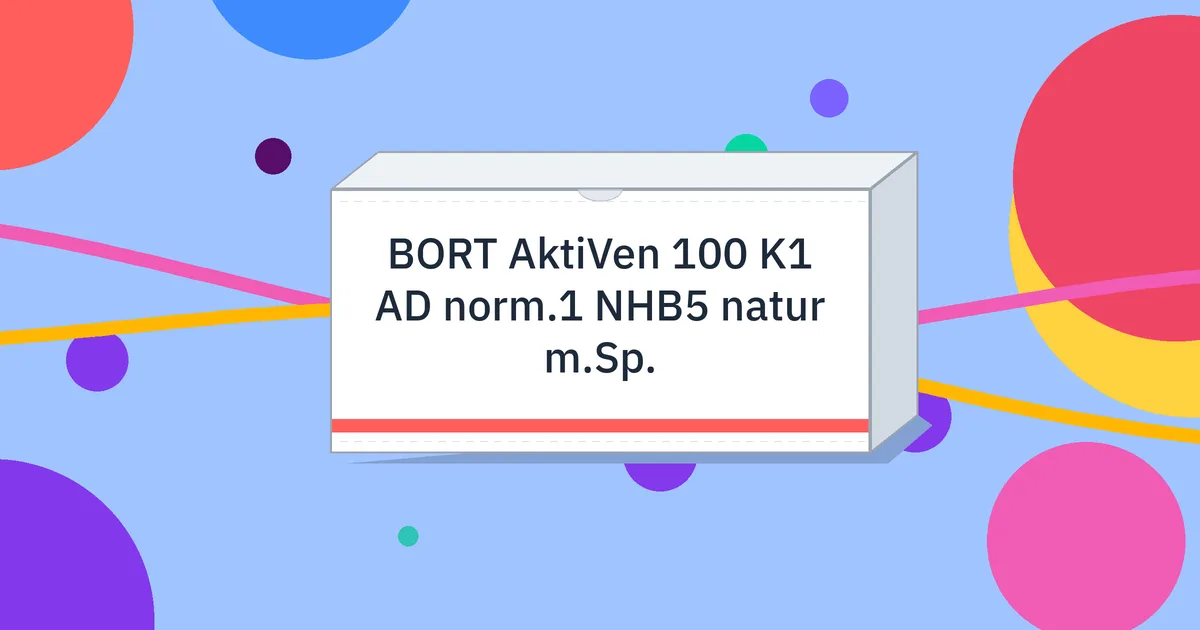 Symbolbild: Packung mit der Aufschrift BORT AktiVen 100 K1 AD norm.1 NHB5 natur m.Sp. (PZN 17493610) – Verfügbarkeit und Bezug in Apotheken in Frankfurt am Main