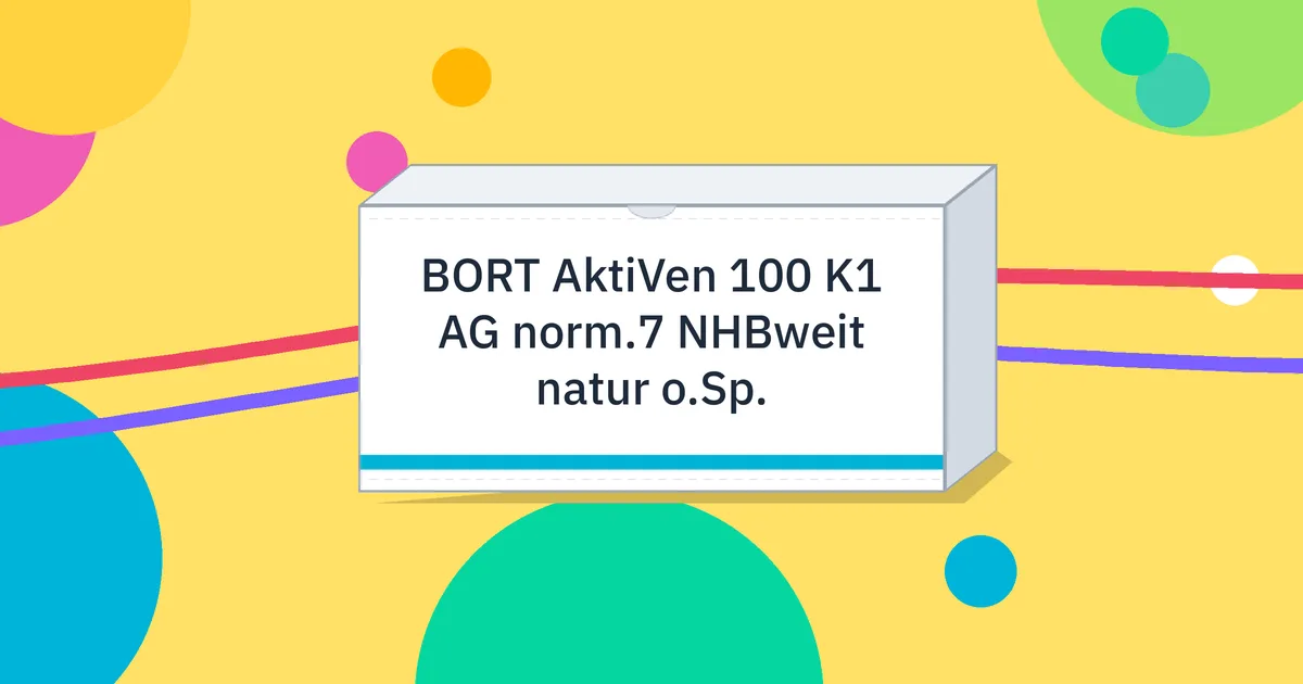Symbolbild: Packung mit der Aufschrift BORT AktiVen 100 K1 AG norm.7 NHBweit natur o.Sp. (PZN 13729487) – Verfügbarkeit und Bezug in Apotheken in Frankfurt am Main