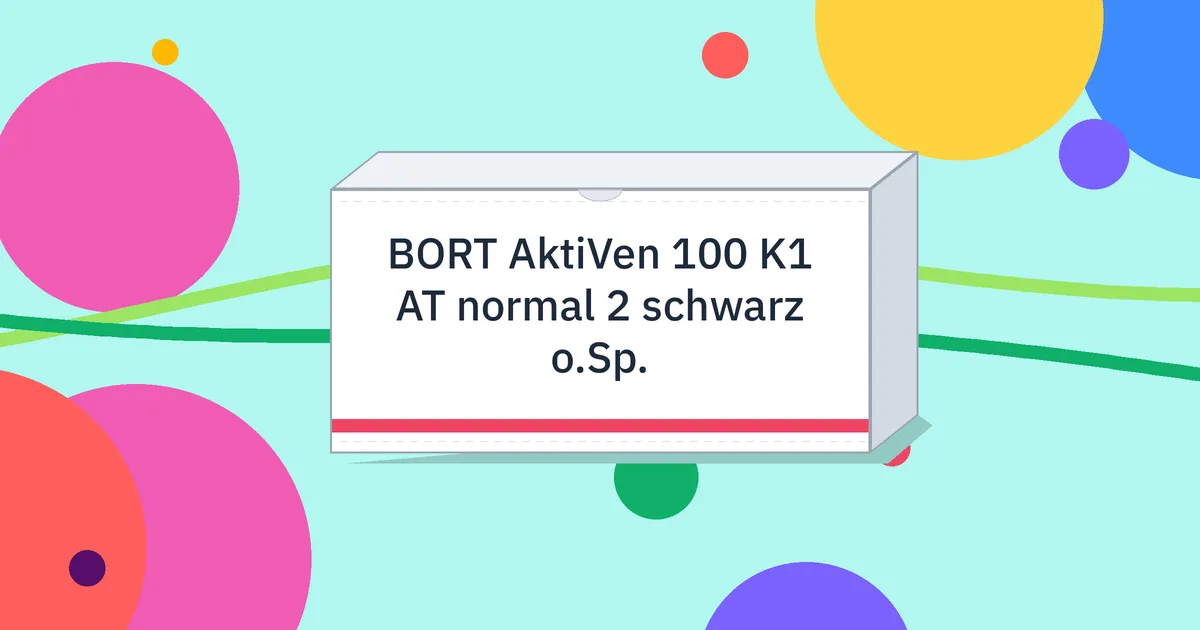 Symbolbild: Packung mit der Aufschrift BORT AktiVen 100 K1 AT normal 2 schwarz o.Sp. (PZN 14388723) – Verfügbarkeit und Bezug in Apotheken in Frankfurt am Main