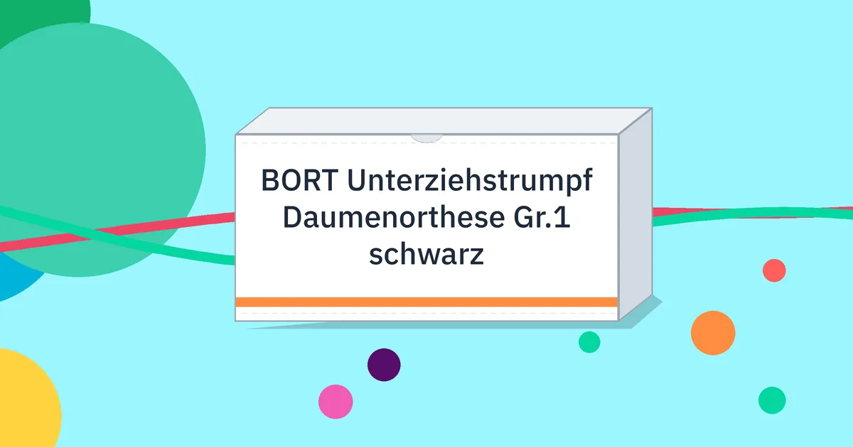 Symbolbild: Packung mit der Aufschrift BORT Unterziehstrumpf Daumenorthese Gr.1 schwarz (PZN 06084618) – Verfügbarkeit und Bezug in Apotheken in Frankfurt am Main