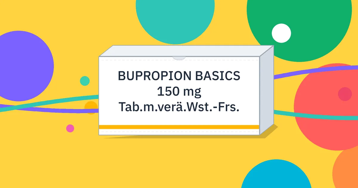 Symbolbild: Packung mit der Aufschrift BUPROPION BASICS 150 mg Tab.m.verä.Wst.-Frs. (PZN 19739788) – Verfügbarkeit und Bezug in Apotheken in Frankfurt am Main
