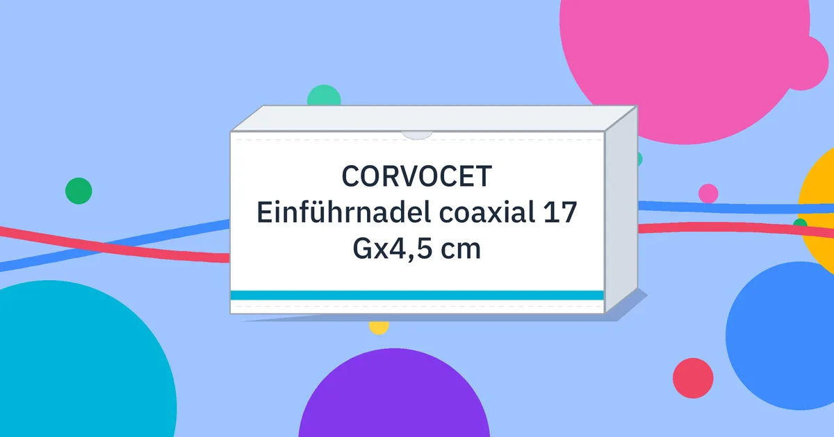 Symbolbild: Packung mit der Aufschrift CORVOCET Einführnadel coaxial 17 Gx4,5 cm (PZN 18764258) – Verfügbarkeit und Bezug in Apotheken in Frankfurt am Main