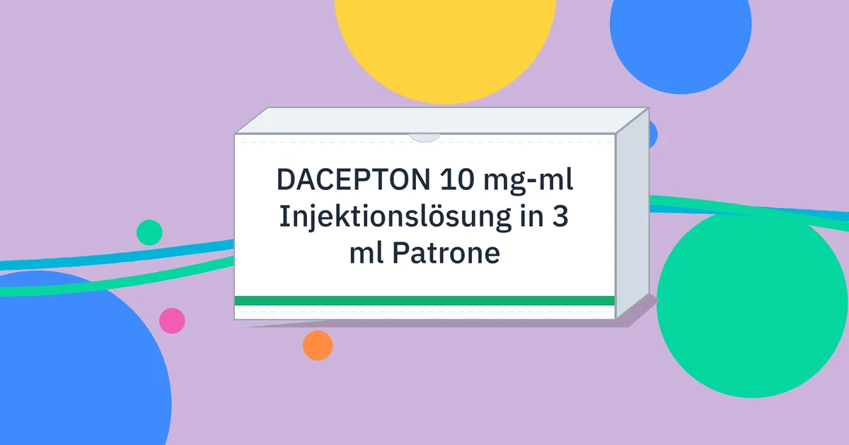 Symbolbild: Packung mit der Aufschrift DACEPTON 10 mg-ml Injektionslösung in 3 ml Patrone (PZN 12362116) – Verfügbarkeit und Bezug in Apotheken in Frankfurt am Main