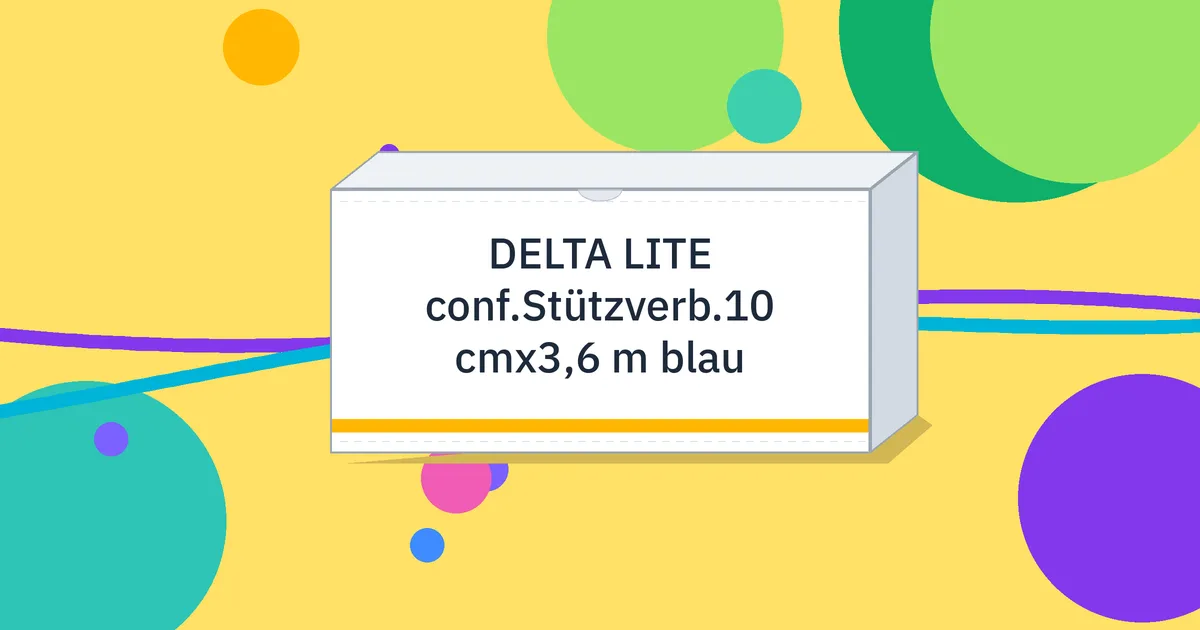 Symbolbild: Packung mit der Aufschrift DELTA LITE conf.Stützverb.10 cmx3,6 m blau (PZN 04252767) – Verfügbarkeit und Bezug in Apotheken in Frankfurt am Main