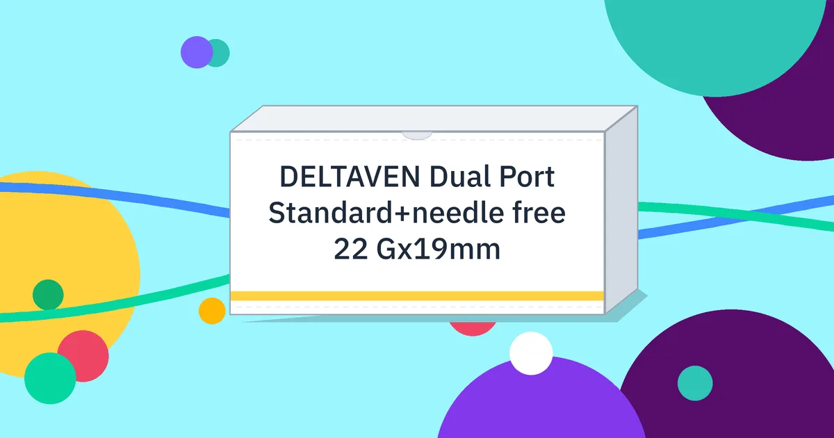 Symbolbild: Packung mit der Aufschrift DELTAVEN Dual Port Standard+needle free 22 Gx19mm (PZN 18873645) – Verfügbarkeit und Bezug in Apotheken in Frankfurt am Main