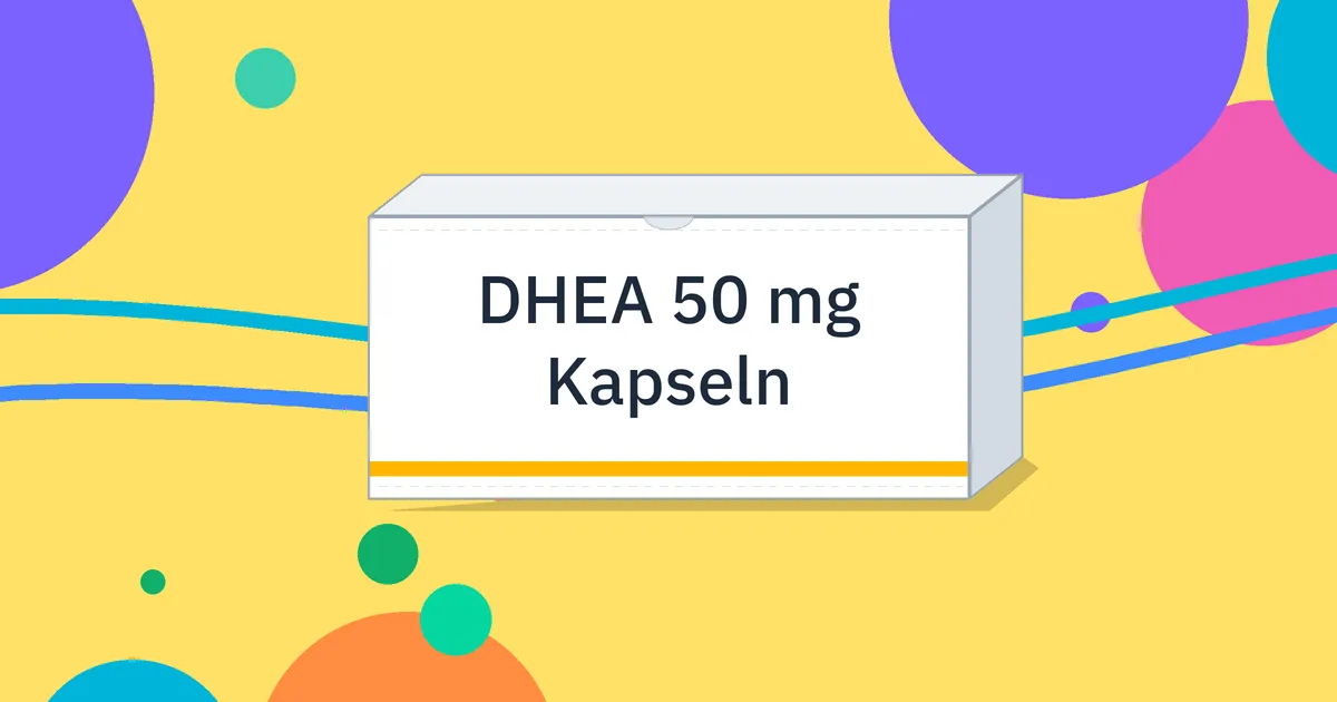 Symbolbild: Packung mit der Aufschrift DHEA 50 mg Kapseln (PZN 18682862) – Verfügbarkeit und Bezug in Apotheken in Frankfurt am Main