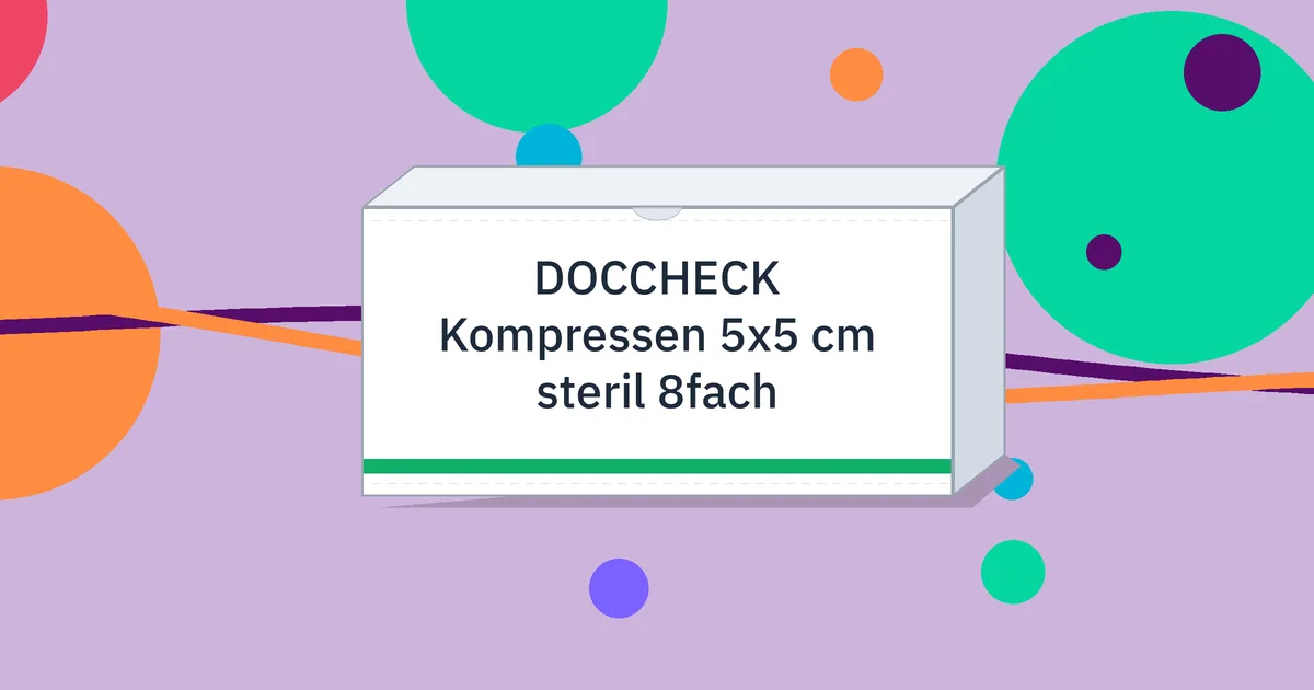 Symbolbild: Packung mit der Aufschrift DOCCHECK Kompressen 5x5 cm steril 8fach (PZN 09887401) – Verfügbarkeit und Bezug in Apotheken in Frankfurt am Main
