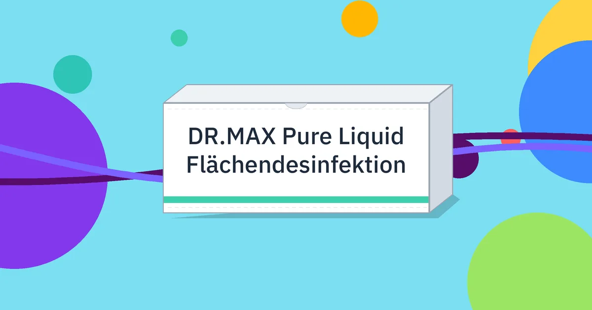 Symbolbild: Packung mit der Aufschrift DR.MAX Pure Liquid Flächendesinfektion (PZN 17969113) – Verfügbarkeit und Bezug in Apotheken in Frankfurt am Main