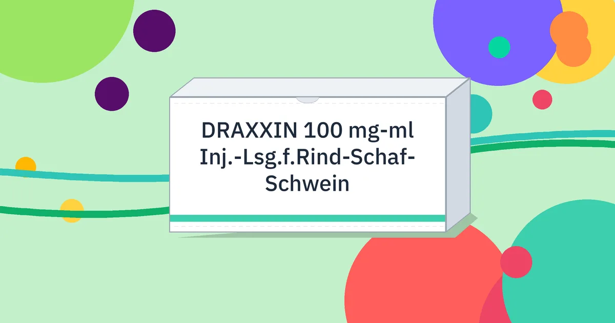 Symbolbild: Packung mit der Aufschrift DRAXXIN 100 mg-ml Inj.-Lsg.f.Rind-Schaf-Schwein (PZN 17150672) – Verfügbarkeit und Bezug in Apotheken in Frankfurt am Main
