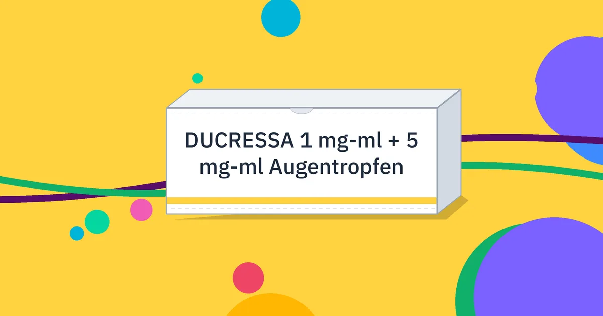 Symbolbild: Packung mit der Aufschrift DUCRESSA 1 mg-ml + 5 mg-ml Augentropfen (PZN 16719093) – Verfügbarkeit und Bezug in Apotheken in Frankfurt am Main