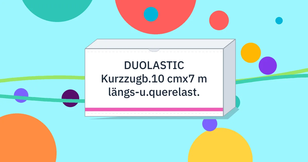 Symbolbild: Packung mit der Aufschrift DUOLASTIC Kurzzugb.10 cmx7 m längs-u.querelast. (PZN 20128245) – Verfügbarkeit und Bezug in Apotheken in Frankfurt am Main