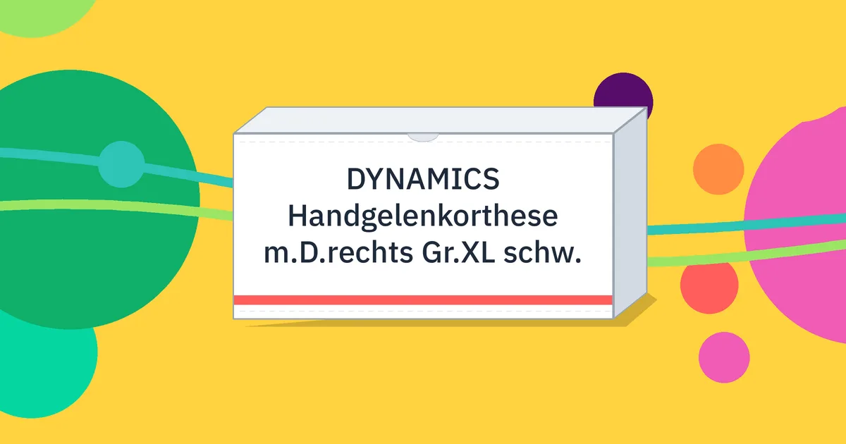 Symbolbild: Packung mit der Aufschrift DYNAMICS Handgelenkorthese m.D.rechts Gr.XL schw. (PZN 10633249) – Verfügbarkeit und Bezug in Apotheken in Frankfurt am Main