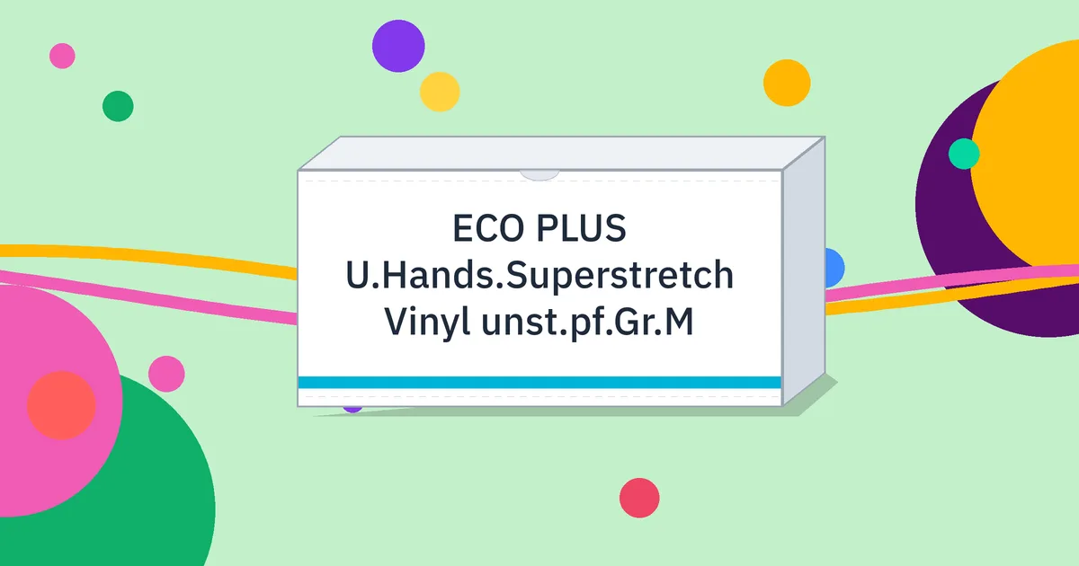 Symbolbild: Packung mit der Aufschrift ECO PLUS U.Hands.Superstretch Vinyl unst.pf.Gr.M (PZN 12435269) – Verfügbarkeit und Bezug in Apotheken in Frankfurt am Main