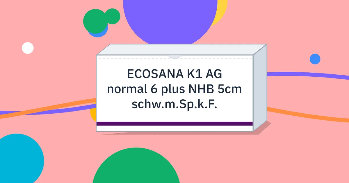 Symbolbild: Packung mit der Aufschrift ECOSANA K1 AG normal 6 plus NHB 5cm schw.m.Sp.k.F. (PZN 04729689) – Verfügbarkeit und Bezug in Apotheken in Frankfurt am Main
