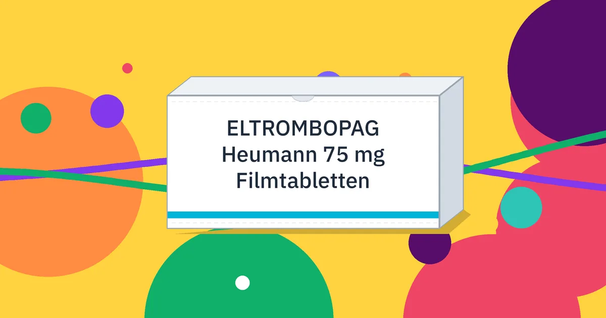 Symbolbild: Packung mit der Aufschrift ELTROMBOPAG Heumann 75 mg Filmtabletten (PZN 19421253) – Verfügbarkeit und Bezug in Apotheken in Frankfurt am Main