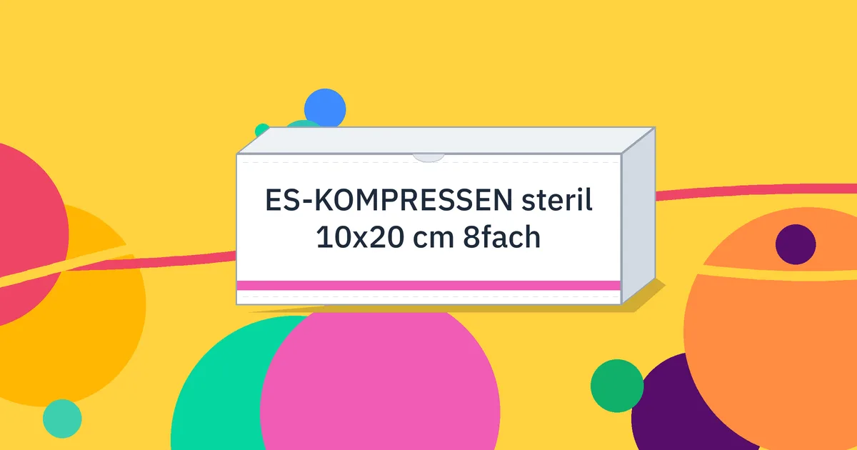 Symbolbild: Packung mit der Aufschrift ES-KOMPRESSEN steril 10x20 cm 8fach (PZN 18879777) – Verfügbarkeit und Bezug in Apotheken in Frankfurt am Main