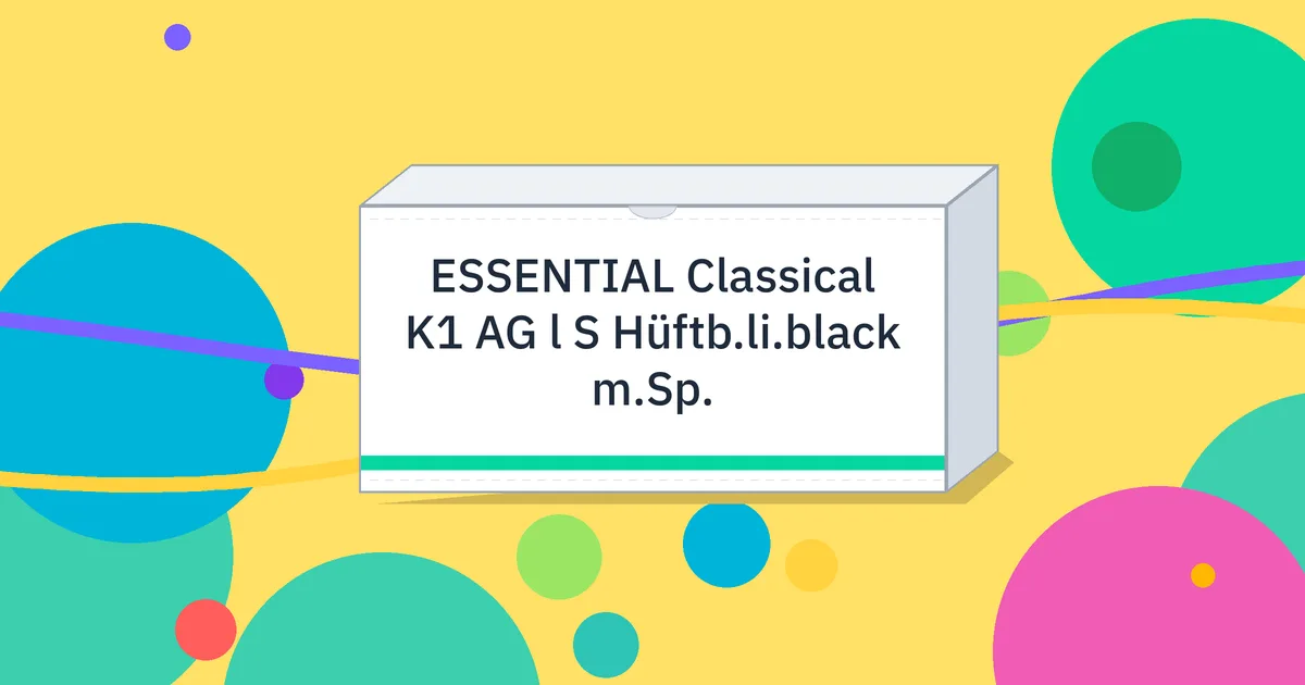 Symbolbild: Packung mit der Aufschrift ESSENTIAL Classical K1 AG l S Hüftb.li.black m.Sp. (PZN 17013254) – Verfügbarkeit und Bezug in Apotheken in Frankfurt am Main