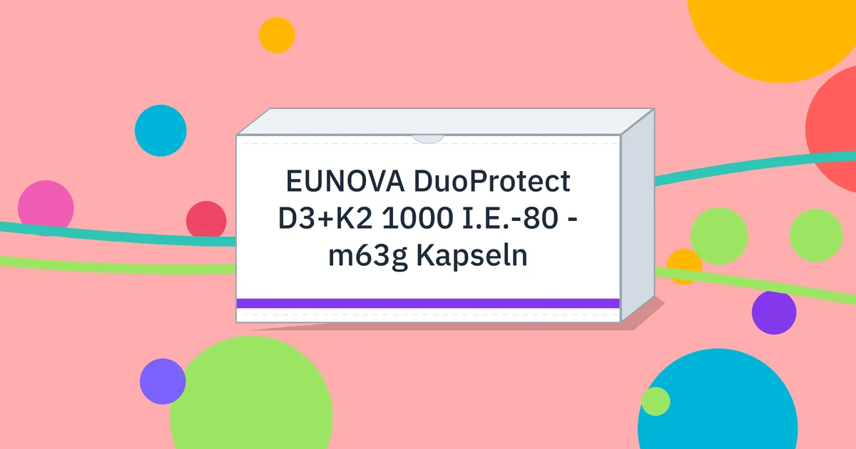 Symbolbild: Packung mit der Aufschrift EUNOVA DuoProtect D3+K2 1000 I.E.-80 -m63g Kapseln (PZN 13360645) – Verfügbarkeit und Bezug in Apotheken in Frankfurt am Main