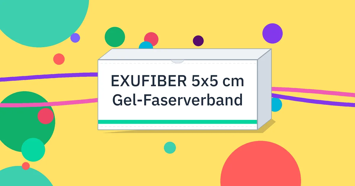 Symbolbild: Packung mit der Aufschrift EXUFIBER 5x5 cm Gel-Faserverband (PZN 18318406) – Verfügbarkeit und Bezug in Apotheken in Frankfurt am Main