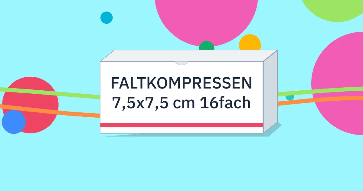 Symbolbild: Packung mit der Aufschrift FALTKOMPRESSEN 7,5x7,5 cm 16fach (PZN 01960506) – Verfügbarkeit und Bezug in Apotheken in Frankfurt am Main