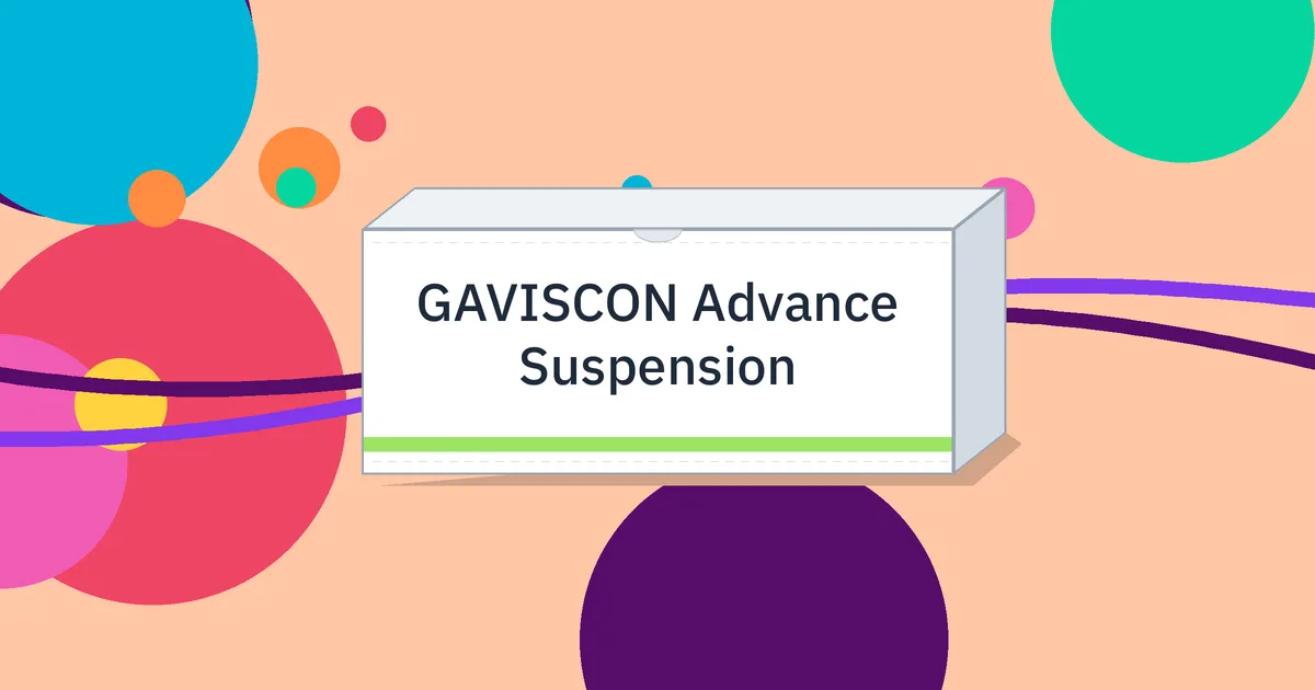 Symbolbild: Packung mit der Aufschrift GAVISCON Advance Suspension (PZN 06574860) – Verfügbarkeit und Bezug in Apotheken in Frankfurt am Main