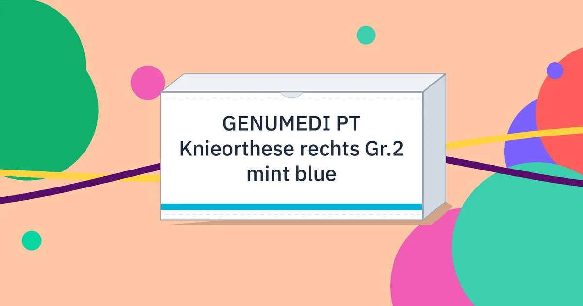 Symbolbild: Packung mit der Aufschrift GENUMEDI PT Knieorthese rechts Gr.2 mint blue (PZN 17982579) – Verfügbarkeit und Bezug in Apotheken in Frankfurt am Main