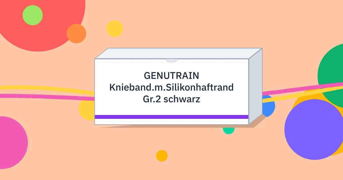 Symbolbild: Packung mit der Aufschrift GENUTRAIN Knieband.m.Silikonhaftrand Gr.2 schwarz (PZN 10213062) – Verfügbarkeit und Bezug in Apotheken in Frankfurt am Main