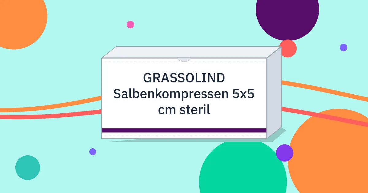 Symbolbild: Packung mit der Aufschrift GRASSOLIND Salbenkompressen 5x5 cm steril (PZN 18127758) – Verfügbarkeit und Bezug in Apotheken in Frankfurt am Main