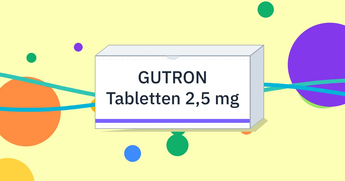 Symbolbild: Packung mit der Aufschrift GUTRON Tabletten 2,5 mg (PZN 02067385) – Verfügbarkeit und Bezug in Apotheken in Frankfurt am Main