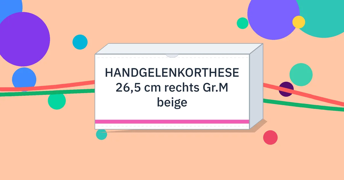 Symbolbild: Packung mit der Aufschrift HANDGELENKORTHESE 26,5 cm rechts Gr.M beige (PZN 03388513) – Verfügbarkeit und Bezug in Apotheken in Frankfurt am Main