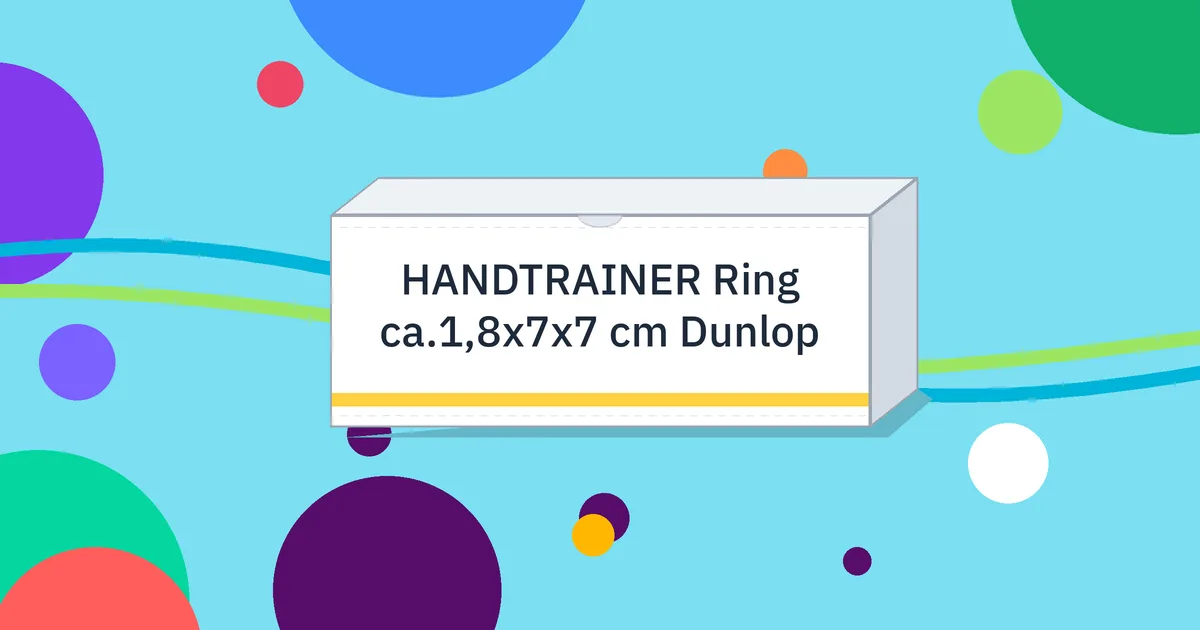 Symbolbild: Packung mit der Aufschrift HANDTRAINER Ring ca.1,8x7x7 cm Dunlop (PZN 16500704) – Verfügbarkeit und Bezug in Apotheken in Frankfurt am Main