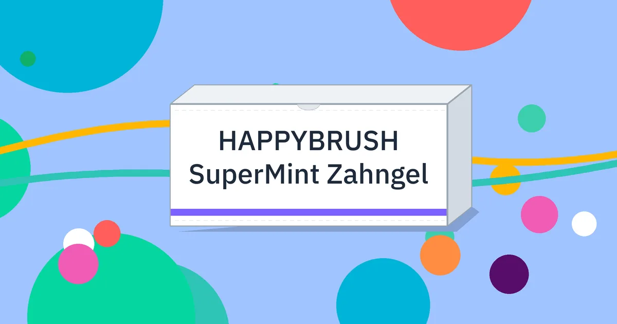 Symbolbild: Packung mit der Aufschrift HAPPYBRUSH SuperMint Zahngel (PZN 14215767) – Verfügbarkeit und Bezug in Apotheken in Frankfurt am Main