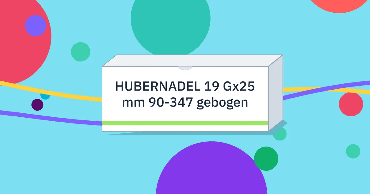 Symbolbild: Packung mit der Aufschrift HUBERNADEL 19 Gx25 mm 90-347 gebogen (PZN 02366952) – Verfügbarkeit und Bezug in Apotheken in Frankfurt am Main