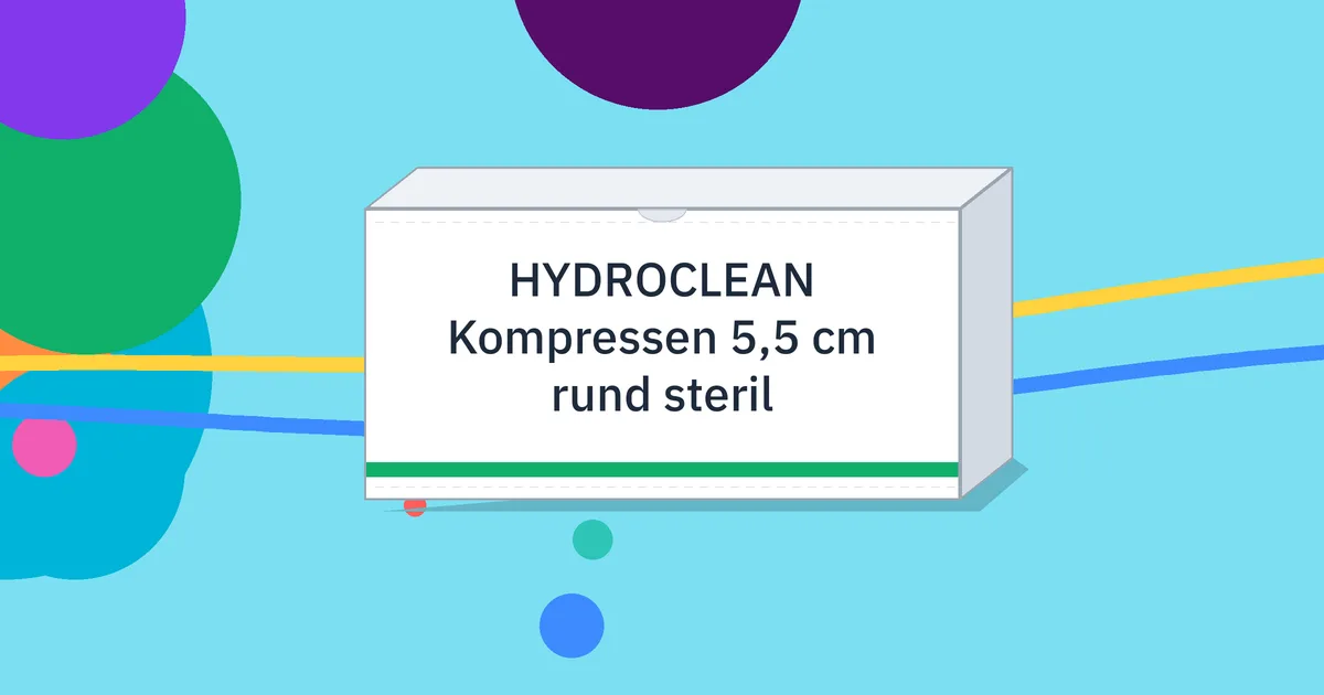Symbolbild: Packung mit der Aufschrift HYDROCLEAN Kompressen 5,5 cm rund steril (PZN 14413935) – Verfügbarkeit und Bezug in Apotheken in Frankfurt am Main