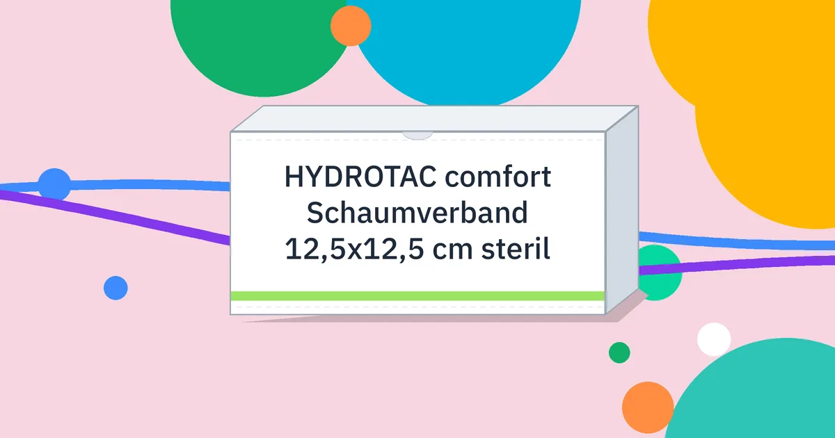 Symbolbild: Packung mit der Aufschrift HYDROTAC comfort Schaumverband 12,5x12,5 cm steril (PZN 19701283) – Verfügbarkeit und Bezug in Apotheken in Frankfurt am Main