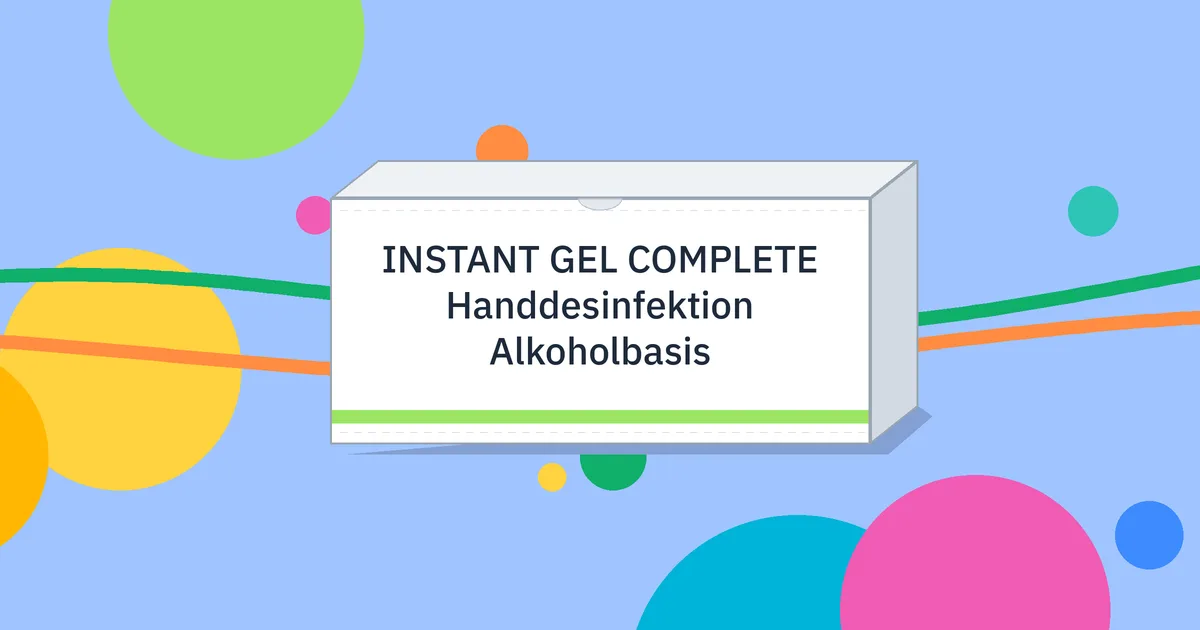 Symbolbild: Packung mit der Aufschrift INSTANT GEL COMPLETE Handdesinfektion Alkoholbasis (PZN 18106006) – Verfügbarkeit und Bezug in Apotheken in Frankfurt am Main