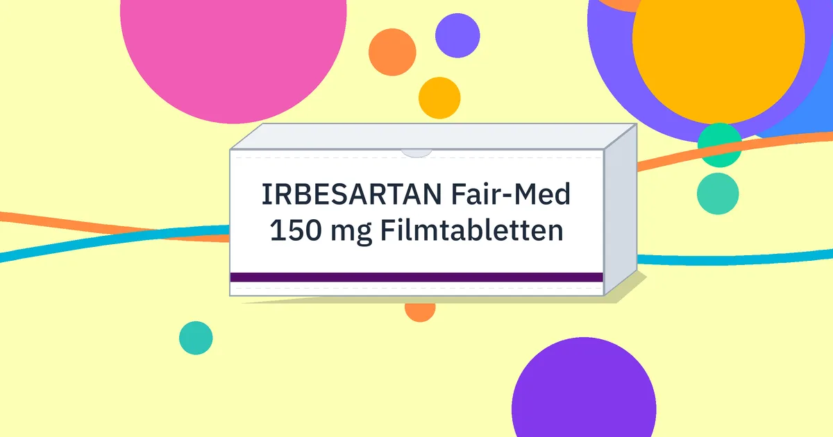 Symbolbild: Packung mit der Aufschrift IRBESARTAN Fair-Med 150 mg Filmtabletten (PZN 12700300) – Verfügbarkeit und Bezug in Apotheken in Frankfurt am Main