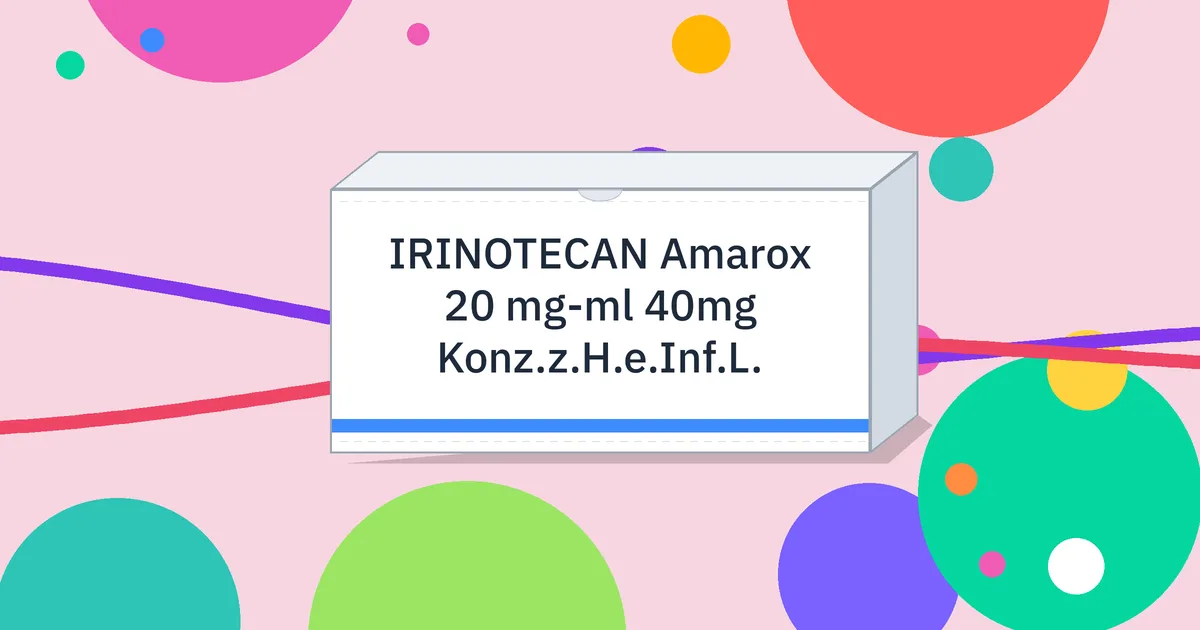 Symbolbild: Packung mit der Aufschrift IRINOTECAN Amarox 20 mg-ml 40mg Konz.z.H.e.Inf.L. (PZN 19078157) – Verfügbarkeit und Bezug in Apotheken in Frankfurt am Main