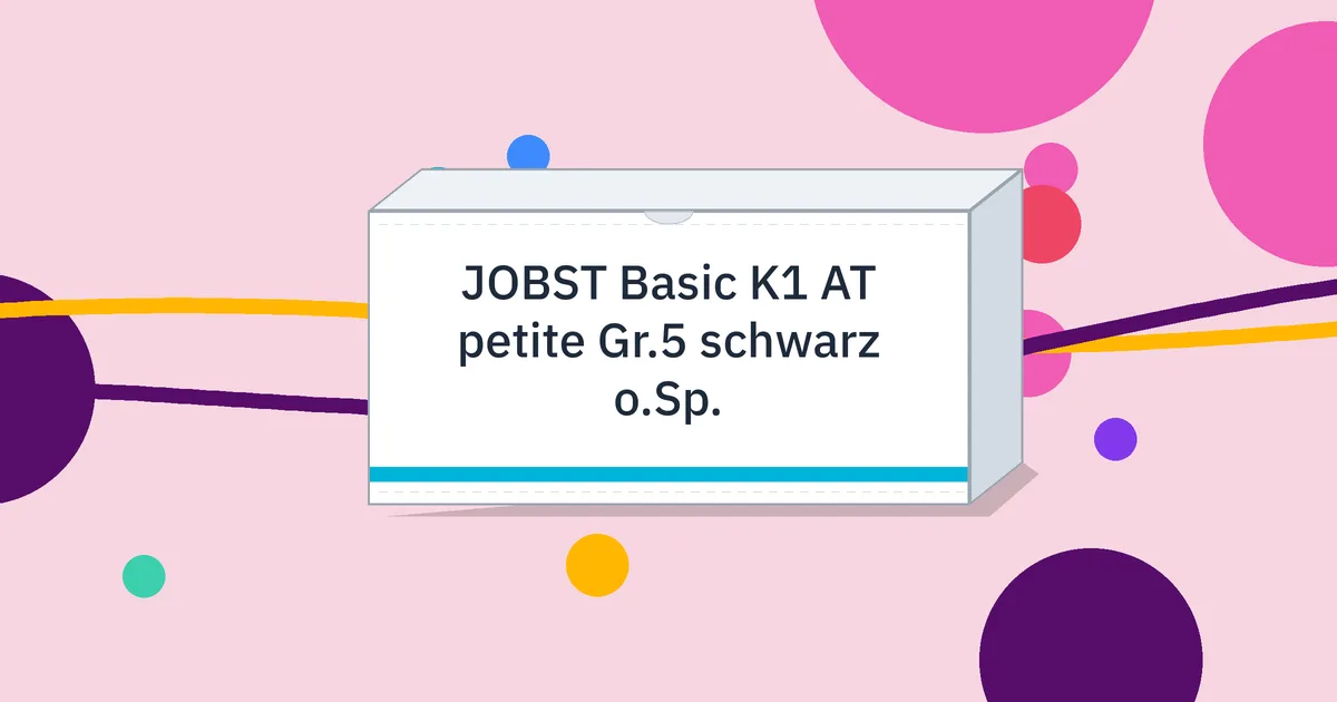Symbolbild: Packung mit der Aufschrift JOBST Basic K1 AT petite Gr.5 schwarz o.Sp. (PZN 15310137) – Verfügbarkeit und Bezug in Apotheken in Frankfurt am Main