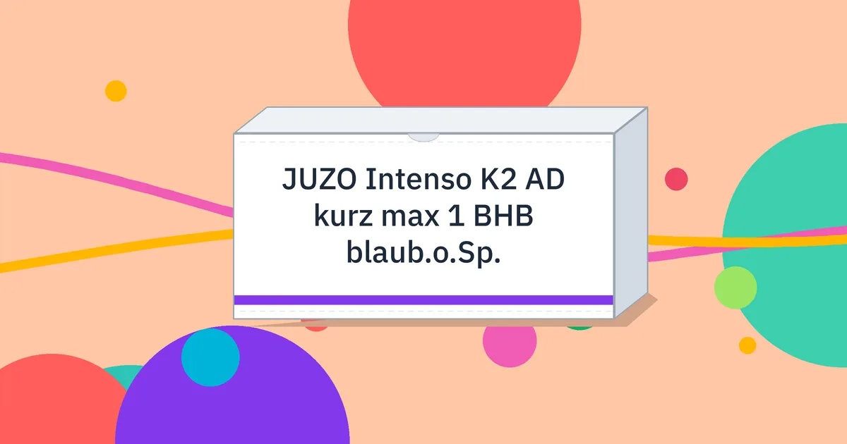 Symbolbild: Packung mit der Aufschrift JUZO Intenso K2 AD kurz max 1 BHB blaub.o.Sp. (PZN 18626243) – Verfügbarkeit und Bezug in Apotheken in Frankfurt am Main