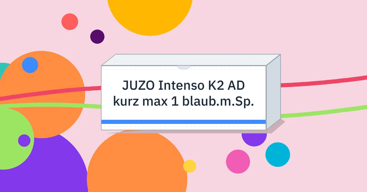Symbolbild: Packung mit der Aufschrift JUZO Intenso K2 AD kurz max 1 blaub.m.Sp. (PZN 18608682) – Verfügbarkeit und Bezug in Apotheken in Frankfurt am Main
