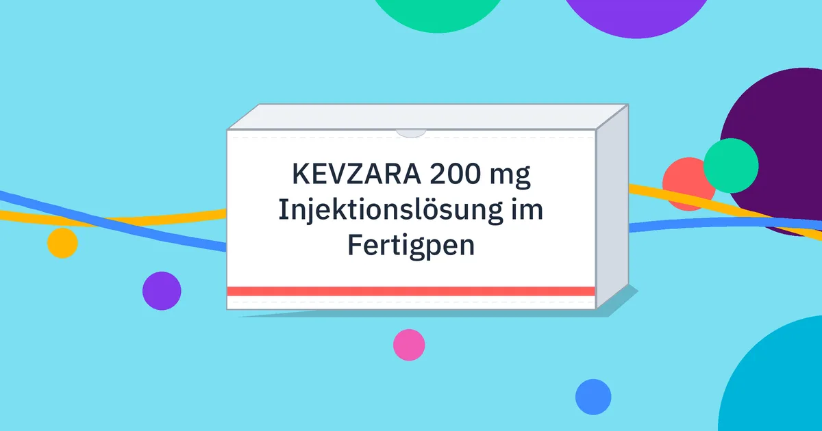 Symbolbild: Packung mit der Aufschrift KEVZARA 200 mg Injektionslösung im Fertigpen (PZN 16662973) – Verfügbarkeit und Bezug in Apotheken in Frankfurt am Main