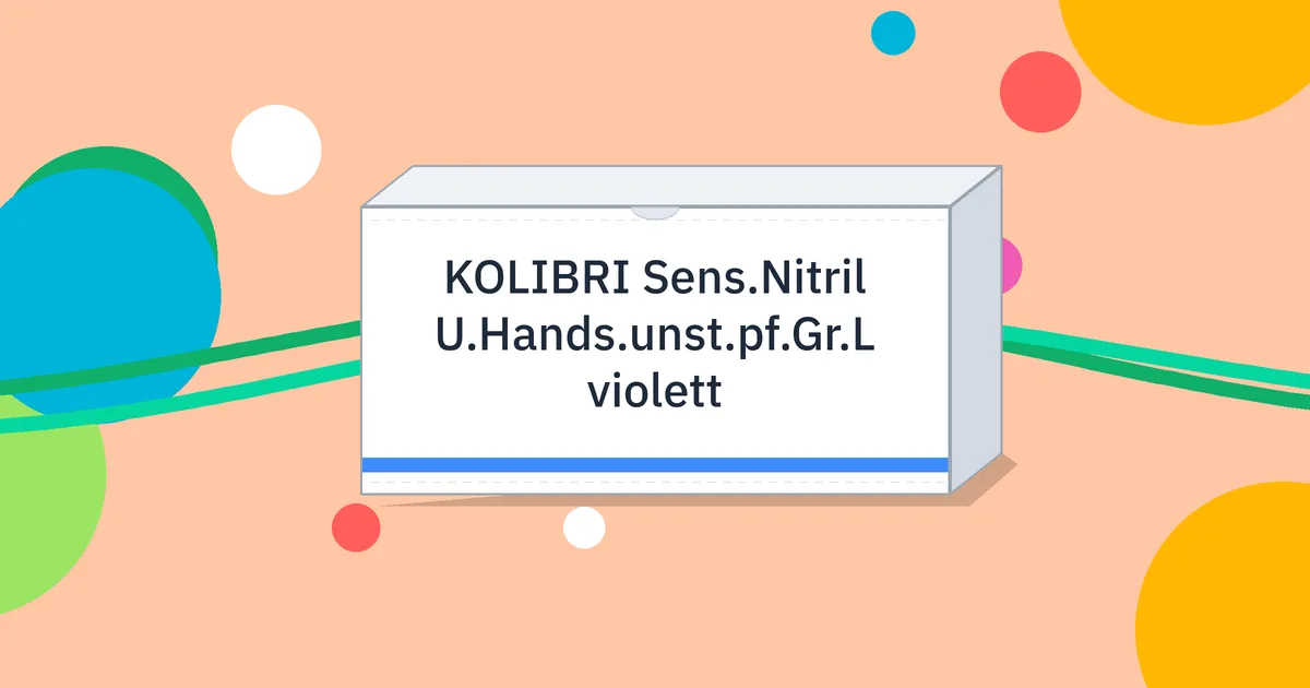 Symbolbild: Packung mit der Aufschrift KOLIBRI Sens.Nitril U.Hands.unst.pf.Gr.L violett (PZN 15564599) – Verfügbarkeit und Bezug in Apotheken in Frankfurt am Main